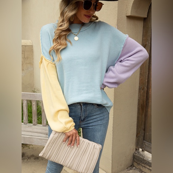Boutique | Sweaters | Misty Blue Color Block Dropped Shoulder Sweater ...
